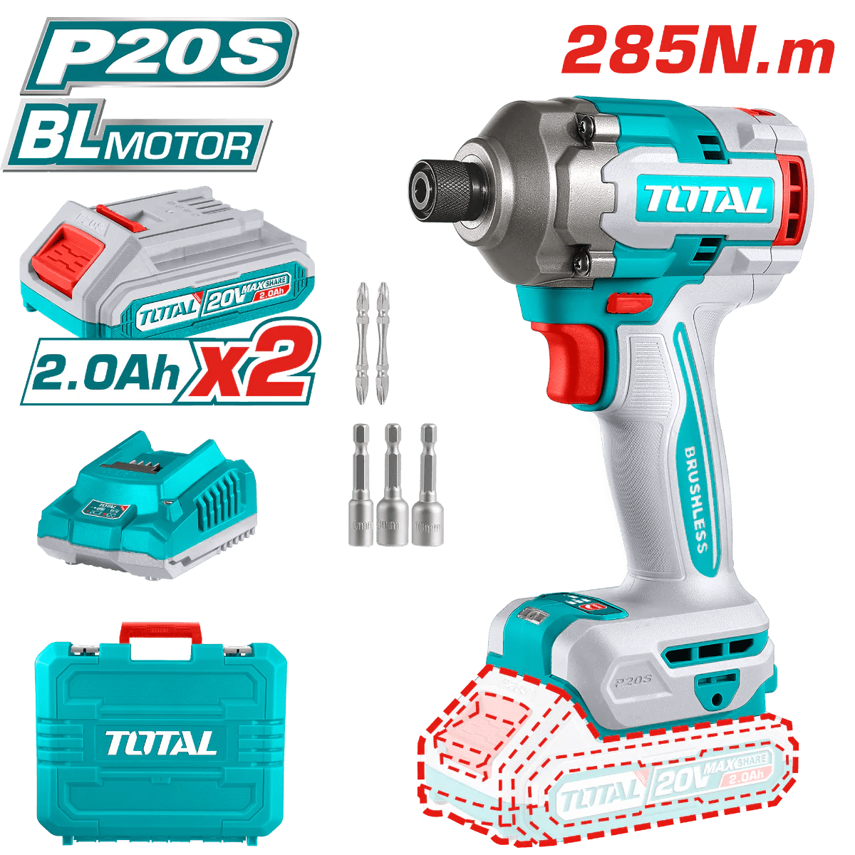 Total Visseuse À Choc Sans Fil P20S 20 V Brushless 285 Nm Kit 2x2Ah ...